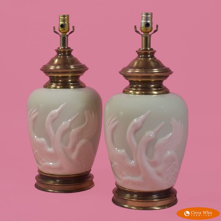 Pair of Swans and Brass Table Lamps | Circa Who